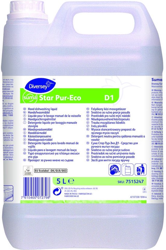 Suma Star Pur-Eco D1 2x5L - Vloeibaar handafwasmiddel met EU Ecolabel ...