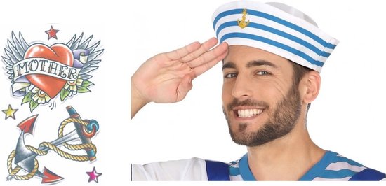 Carnaval verkleed Matrozen hoedje - wit - met zeeman plak tatoeages ...