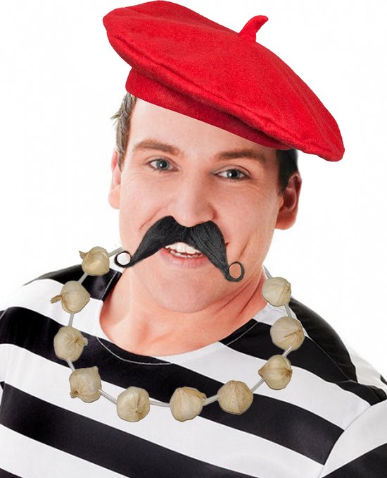 Carnaval verkleed set compleet - Fransman baret met plaksnor - en knoflook ketting -... | bol