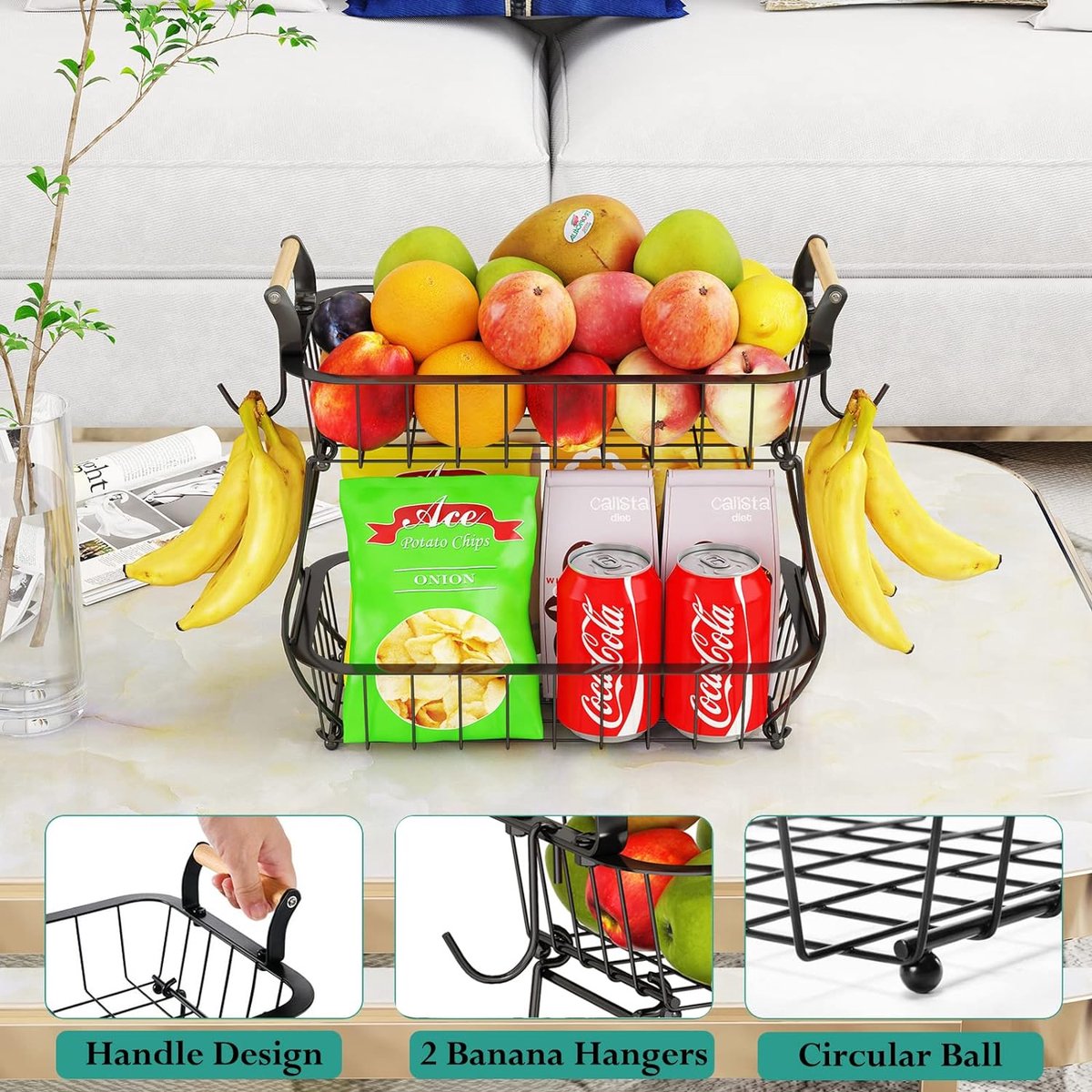 Fruitmand met 2 verdiepingen met 2 bananenbeugels, fruit-groentemand ...