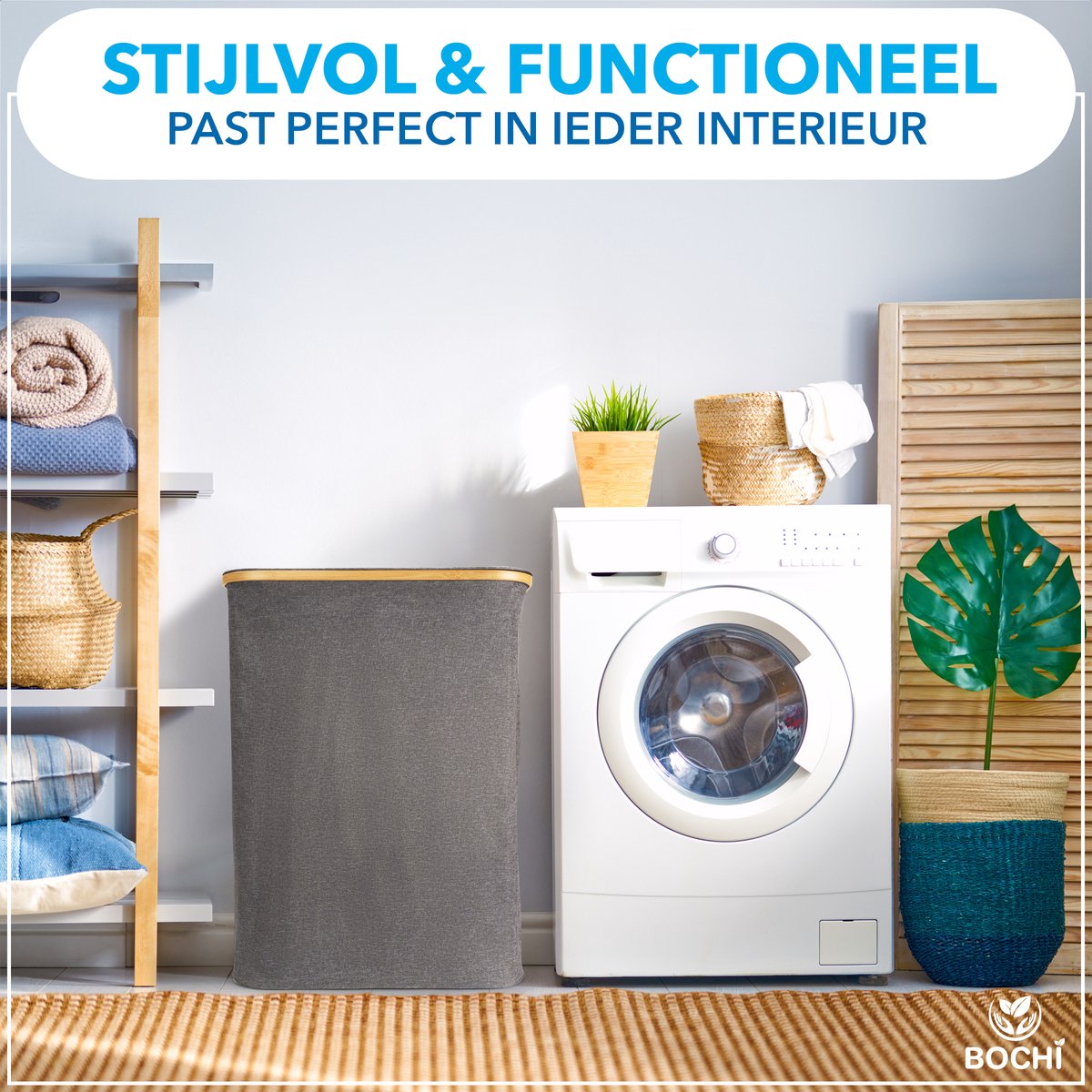 Bochi® Bamboe Stoffen Wasmand met 3 Vakken - 160L Wassorteerder met ...