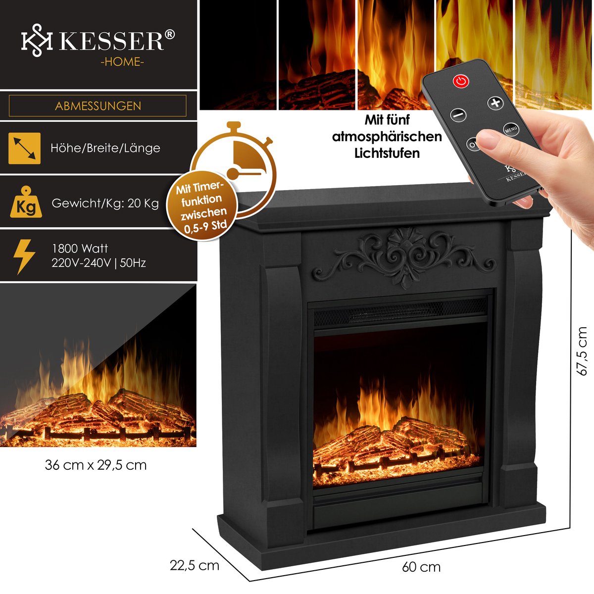 KESSER® Sfeerhaard Elektrisch Haard 1800W met LED Vlammen Dimbaar ...