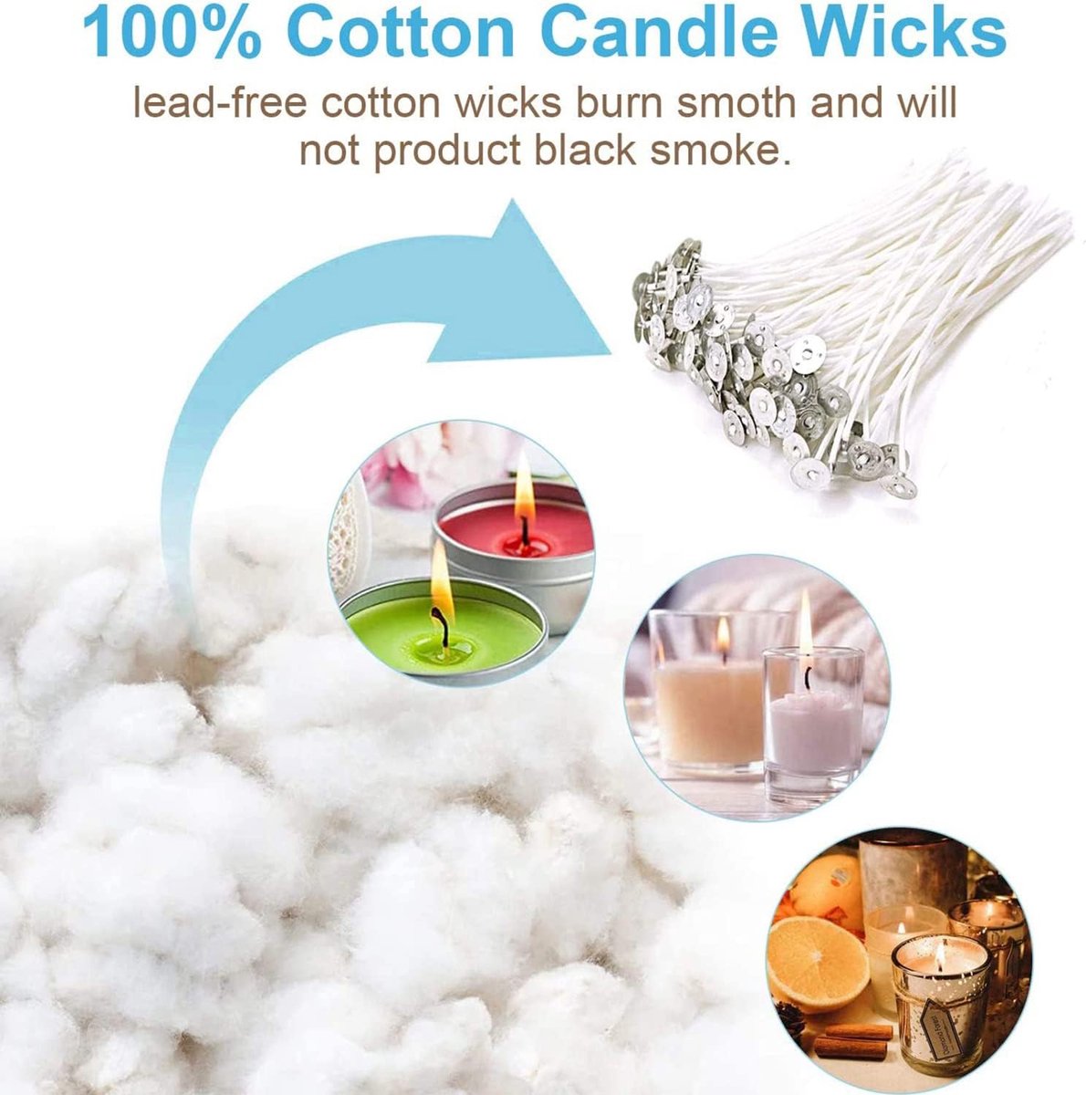 Set de mèches de bougies : 60 pièces de mèches de bougies sans fumée en ...