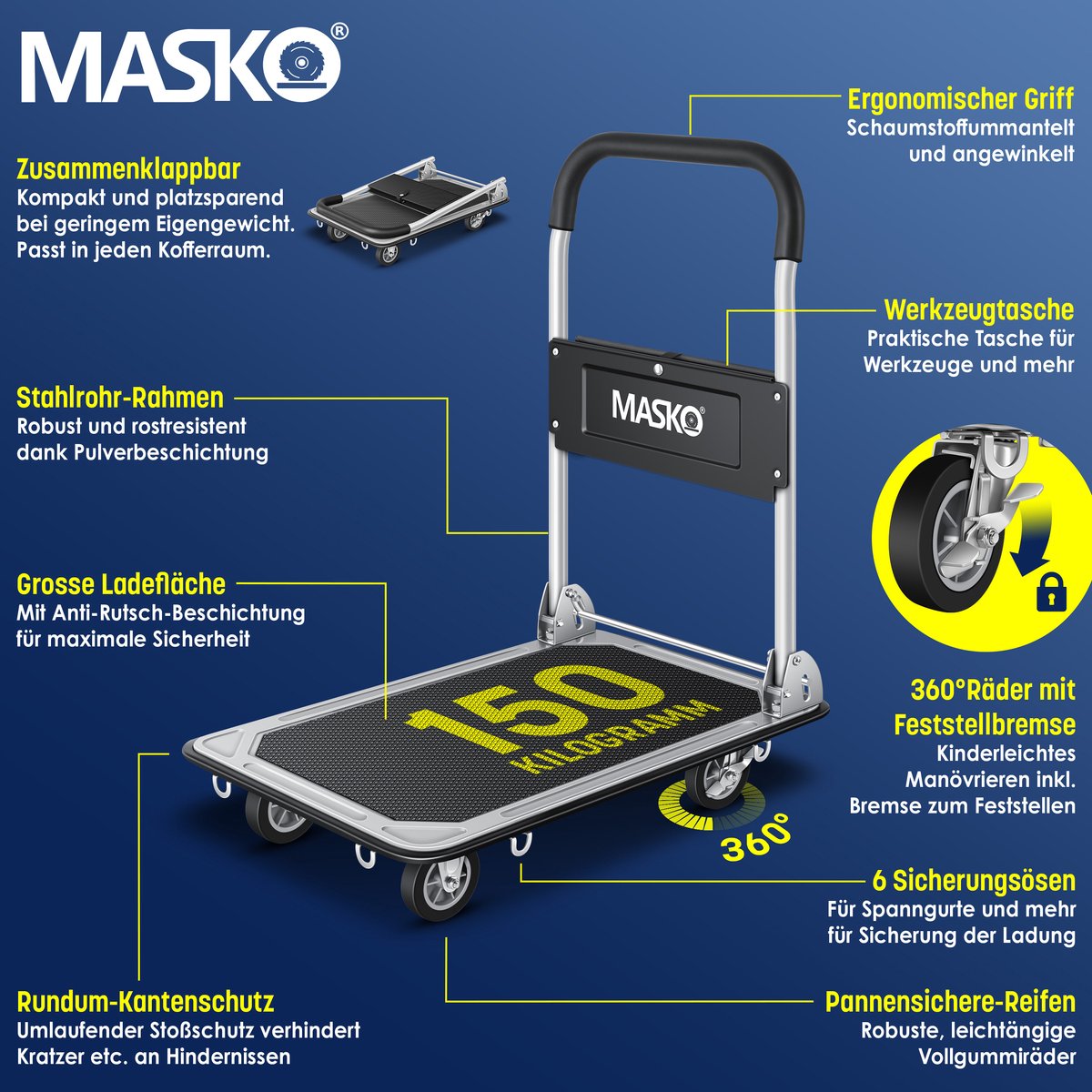 MASKO® Plateauwagen inklapbaar 150 kg laadvermogen Transportkar ...