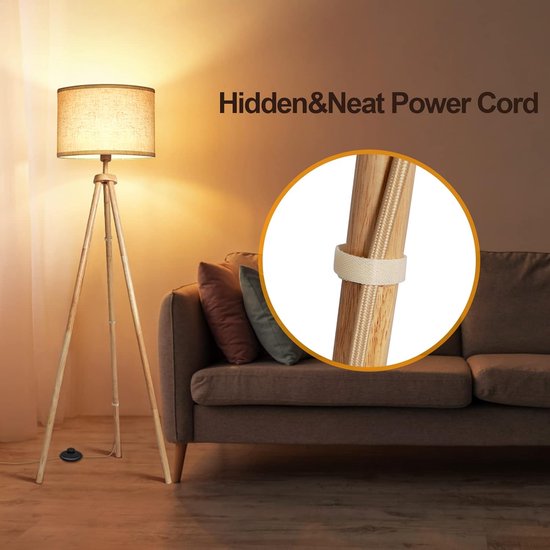 Led-vloerlamp, dimbaar, driepoot, hout met plank, afstandsbediening, 4 ...