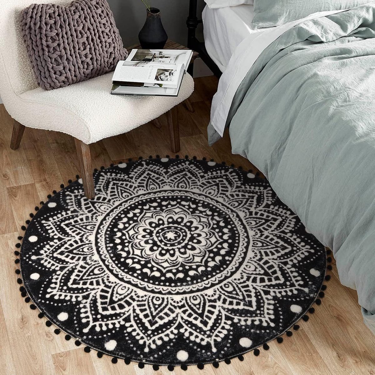 Boho rond tapijt 90cm, zwart Mandala zacht badkamerkleed met pom pom ...