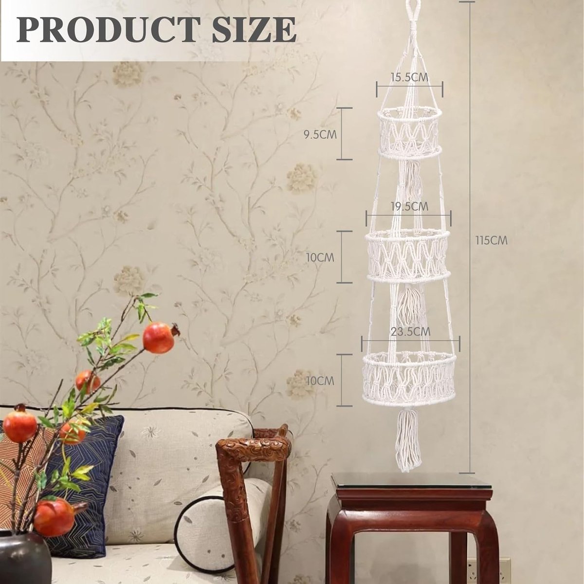 Hangende fruitmand met 3 verdiepingen, voor keuken, macramé, gevlochten hangmand voor... | bol