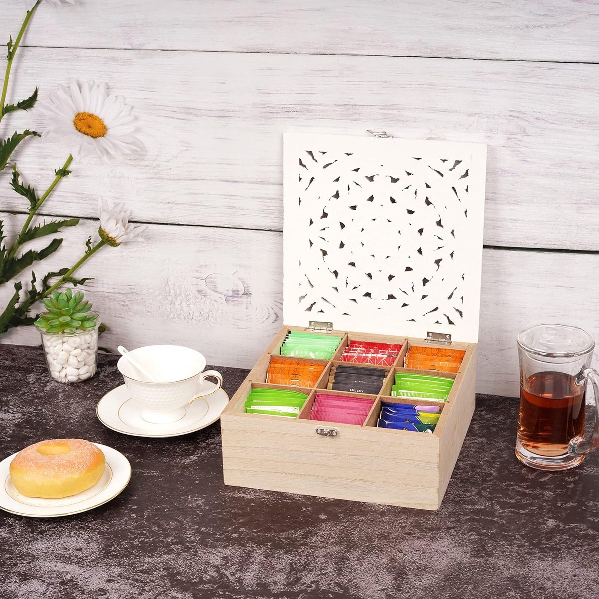 Theedoos van hout, vintage theezakje, opbergbox, 9 vakken, thee ...