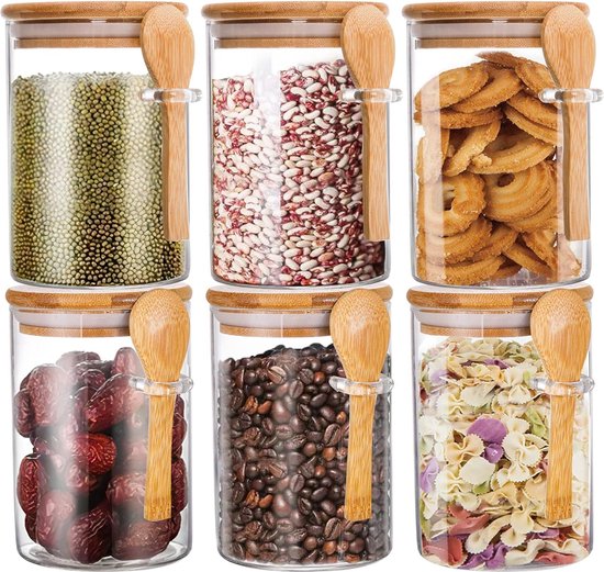 6 Pack Luchtdichte Glazen Potten, 480 ml Glazen Opbergpotten met Bamboe ...