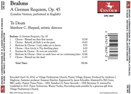 Brahms: A German Requiem. Op. 45 (London Version), Matthew Christopher Shepard | CD... | bol.com