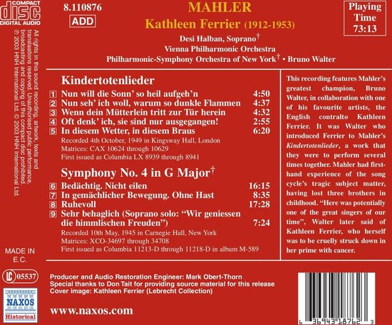 Kathleen Ferrier, Vienna Philharmonic Orchestra - Mahler: Kindertotenlieder / Symphony... | bol.com