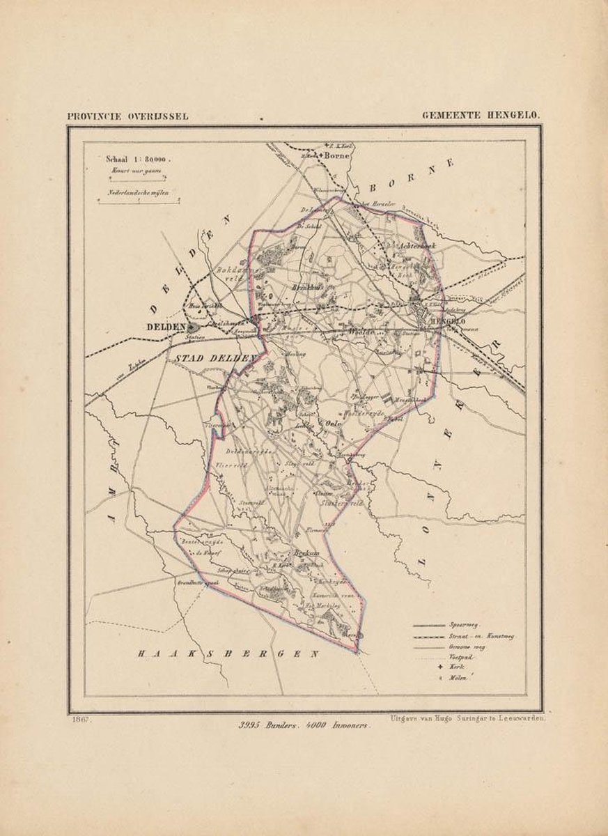 Historische kaart, plattegrond van gemeente Hengelo in Overijssel uit ...