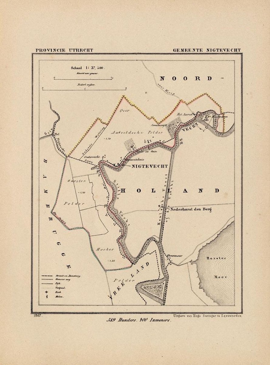 Historische kaart, plattegrond van gemeente Nigtevecht in Utrecht uit ...