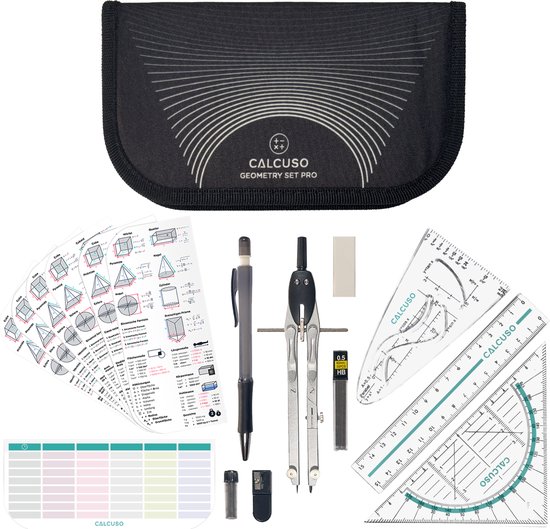 Geodriehoeken & Passer Set – Zwart etui met liniaal, gum, sjabloon en ...