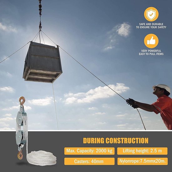 4-voudige katrol met kabel - 25 meter hoogte - 2000 kg draagkracht ...