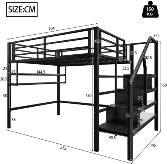 Hoogslaper, 140*200cm, planken, opbergladder, ruimte onder het bed voor ...