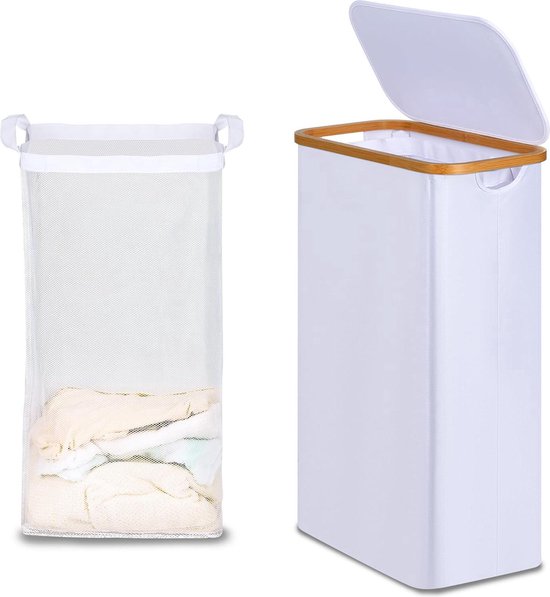 Wasmand met deksel - 75 liter - smalle wasmand - witte kleur - bamboe ...