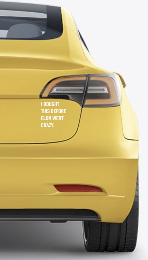 Set van twee witte Tesla stickers "I bought this before Elon went crazy ...