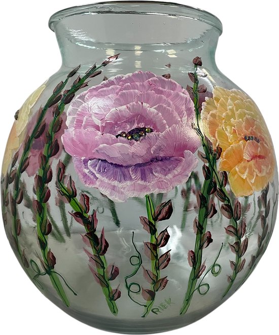 Handbeschilderde design bol vaas met rozen op glas R22 | bol
