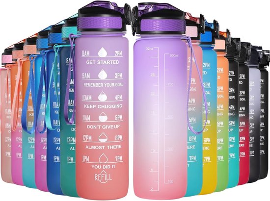 Sport Waterfles 32oz/1000 ml met Motiverende Tijd Marker - BPA-vrij ...