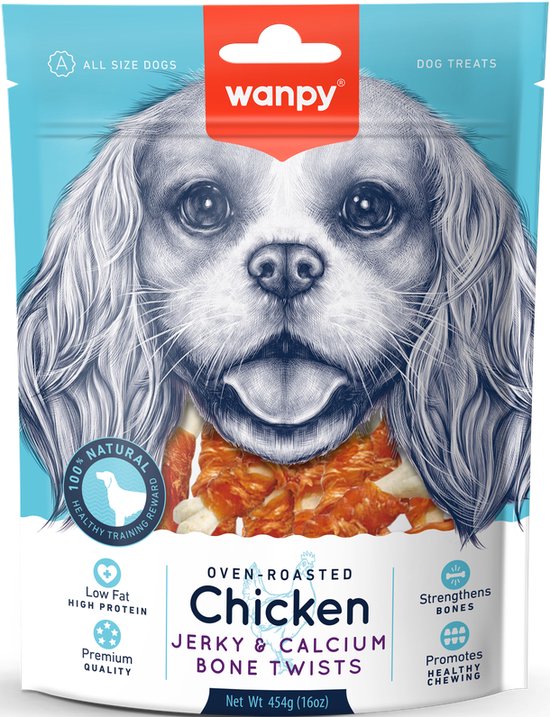 Wanpy Hond Kippenjerky & Calcium Bot Twists - Voordeelverpakking 454g | bol