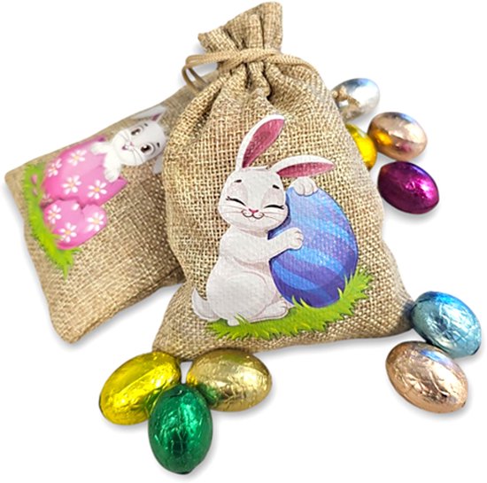 2x Vrolijke Jute Paaszakjes met Paaseitjes | Paaschocolade verpakt ...