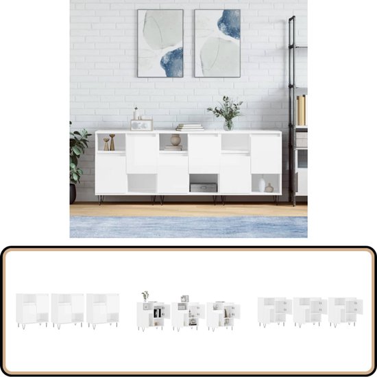 vidaXL Dressoirs - 3 stuks - Hoogglans wit - Bewerkt hout Klassieke ...