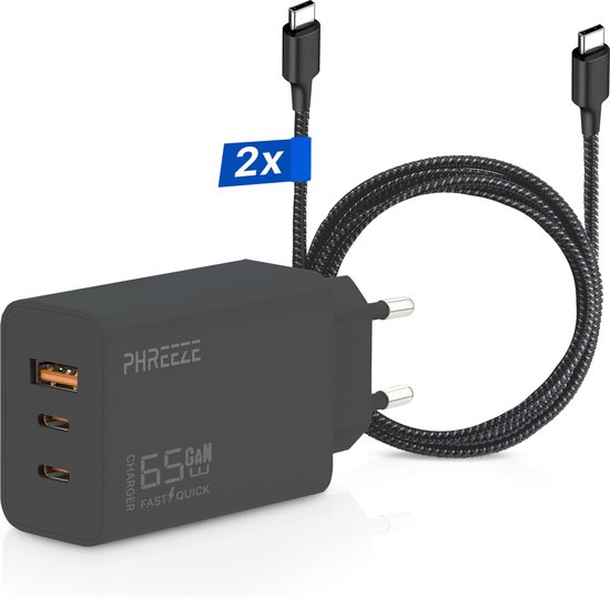 65W USB C Lader met 3 Poorten (2x USB-C, 1x USB-A) – Inclusief 2x USB C ...