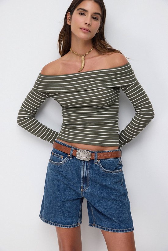 Gestreepte Body-Hugging Blouse met Open Schouders | bol