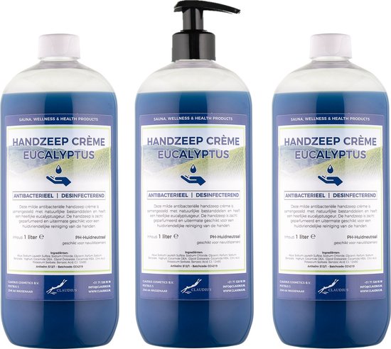 Handzeep Crème Eucalyptus 1 liter - set van 3 stuks - met gratis pomp | bol