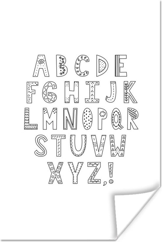 Illustratie alfabet en versierde letters zwart-wit 120x180 cm XXL ...