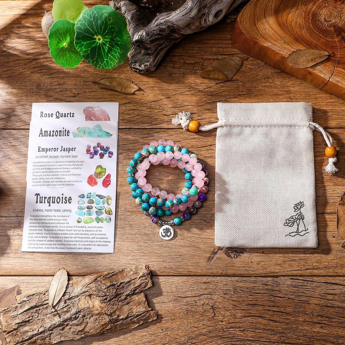 108 Mala Ketting / armband Ohm OM, rozenkwarts / turkoois / emperor ...