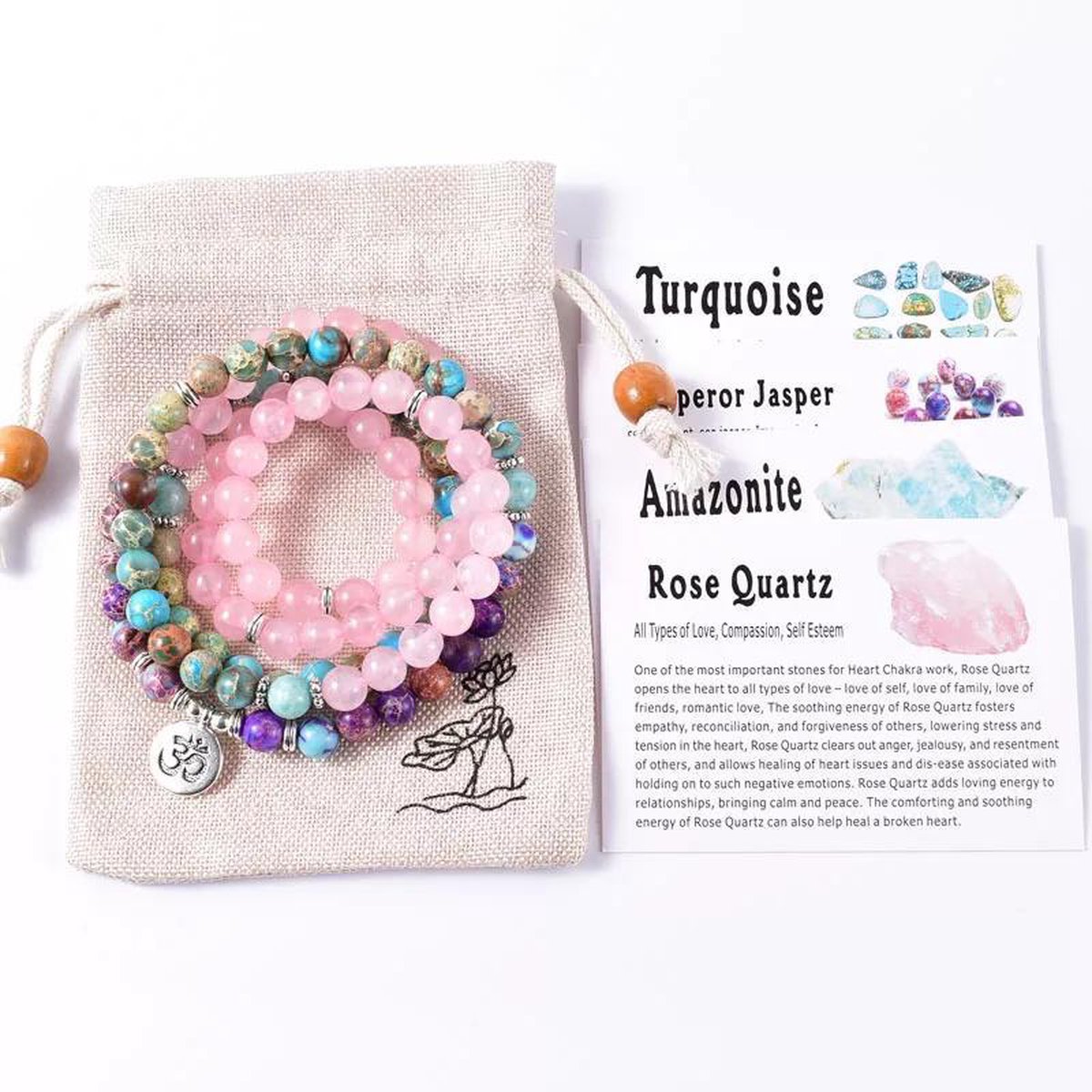 108 Mala Ketting / armband Ohm OM, rozenkwarts / turkoois / emperor ...