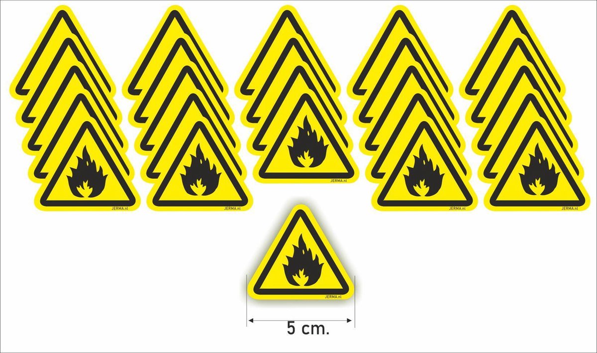 Ontvlambare stoffen, Brand gevaar sticker geel zwart 5 cm. 16 stickers ...