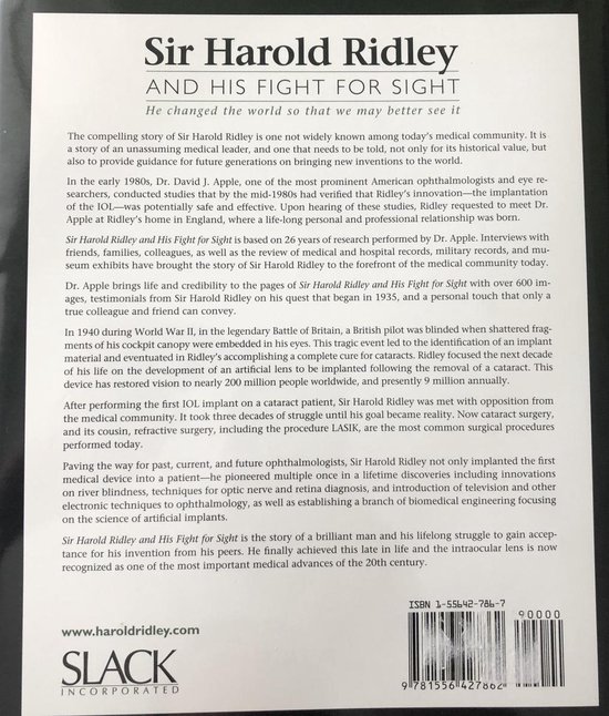 Sir Harold Ridley and His Fight for Sight, M.D. Apple, David J ...
