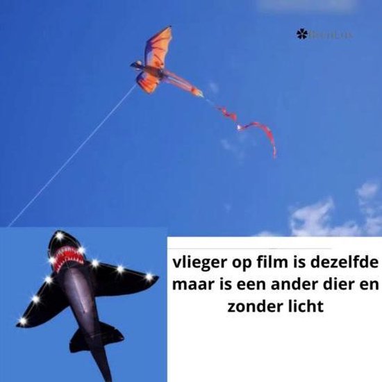 BrenLux® Windvlieger met LICHT- Windvlieger Haai met GRATIS 100 meter ...