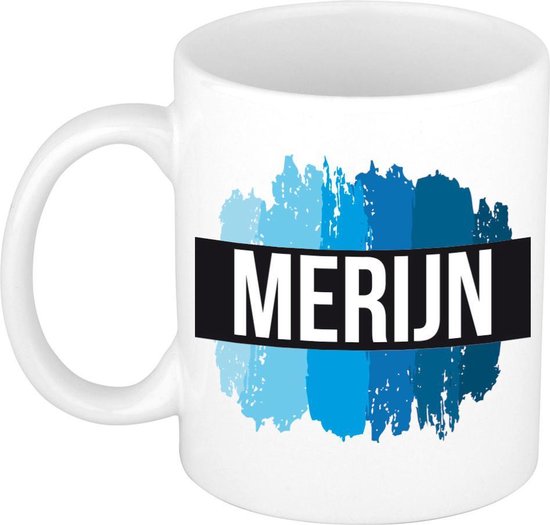 Merijn naam cadeau mok / beker met verfstrepen - Cadeau collega ...
