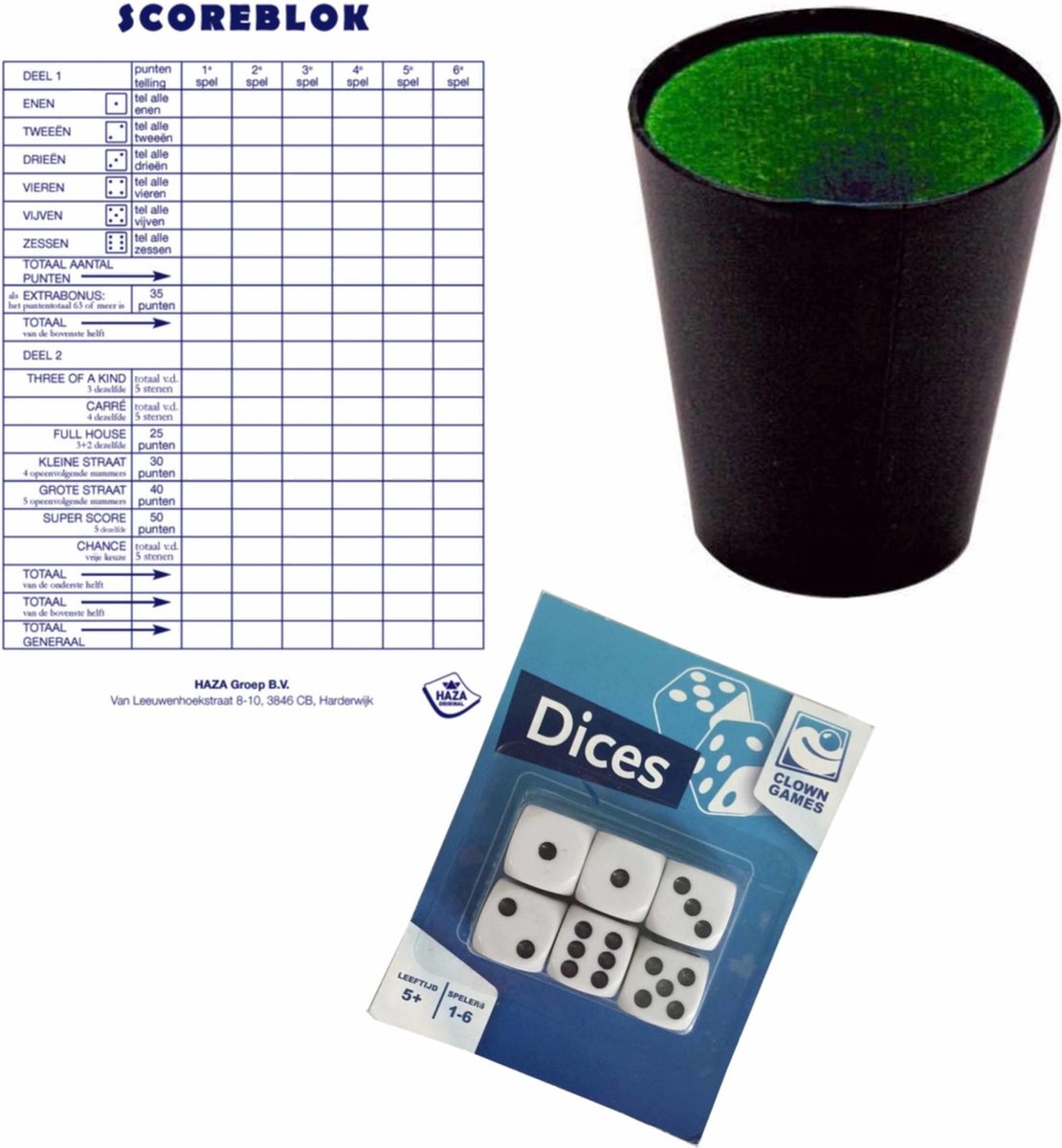 6x Dobbelstenen yatzee spel met beker en scoreblok van 250 paginas ...