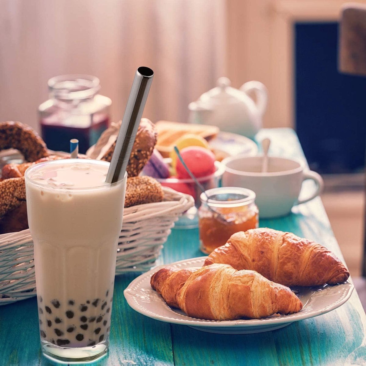 4x Herbruikbaar RVS Bubble Tea Jumbo Rietje Rose Goud met Linnen ...