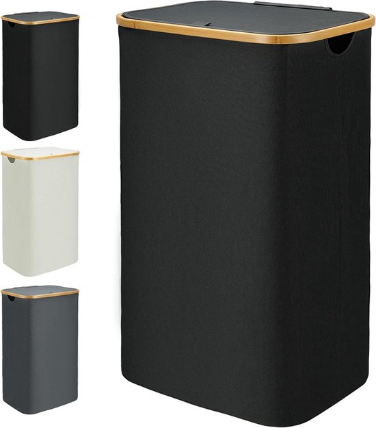 Wasmand 110L deksel grote wasmand voor wasgoed bamboe handgrepen afneembare waszak... | bol