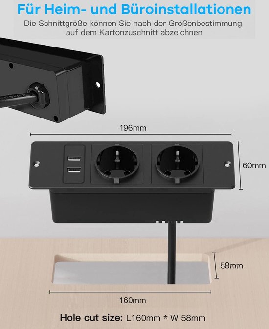 Stekkerdoos Tafelstopcontact met USB 2-voudig Inbouwstopcontact - 2m ...