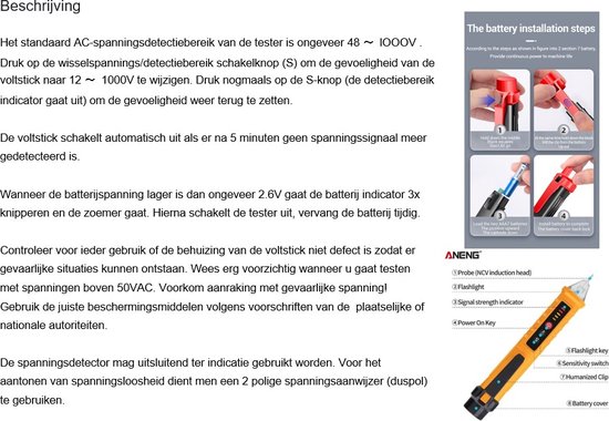 ANENG Volt Stick 12-1000V - Spanningsdetector - Zwart of Rood | bol