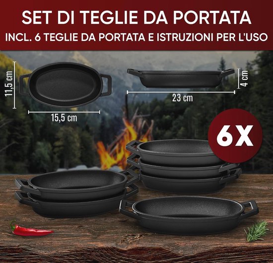 Serveerpannenset - 6 Ovale Gietijzeren Grillpannetjes 11x19 cm - Mini ...
