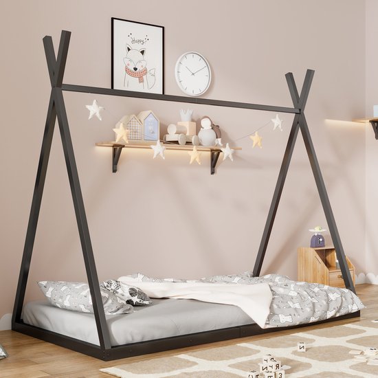 90*200cm ijzeren framebed, kinderbed, driehoekige vorm, zwart | bol