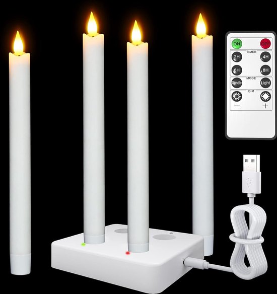 Set of 4 Rechargeable Taper Candles White with Remote Control Timer ...