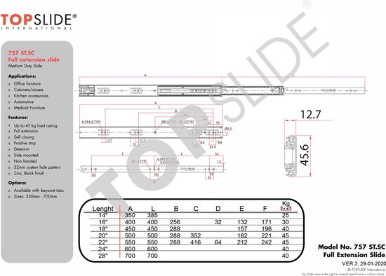 Topslide ladegeleider 757SC - 600 mm | draagkracht tot 45 kg | zelfsluitend | volledig... | bol