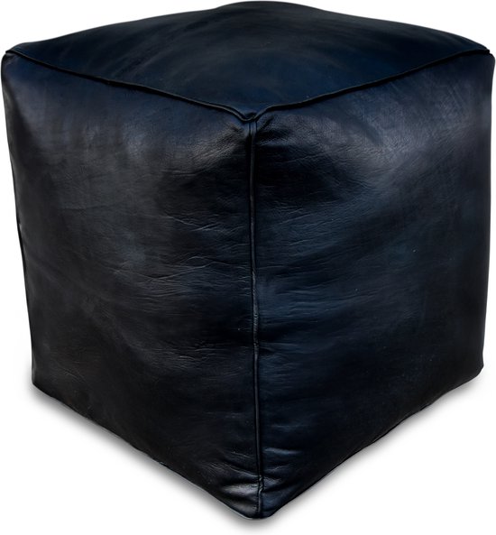 Leren poef (XL) Zwart - Vierkant - Handgemaakt - Gevuld geleverd - Leer ...