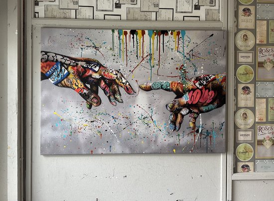 Schilderij - 80 x 120cm- Michelangelo “ Hand van God”- Mixed Media ...