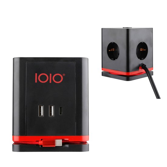 IOIO contactdoos SW1000, 3 stopcontacten en 3 USB-poorten, kubus, zwart | bol