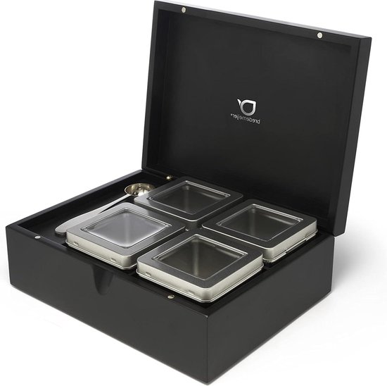 Theedoos met 4 Bamboe Bussen en Lepel - Teameasuring zwart Theedoos | bol